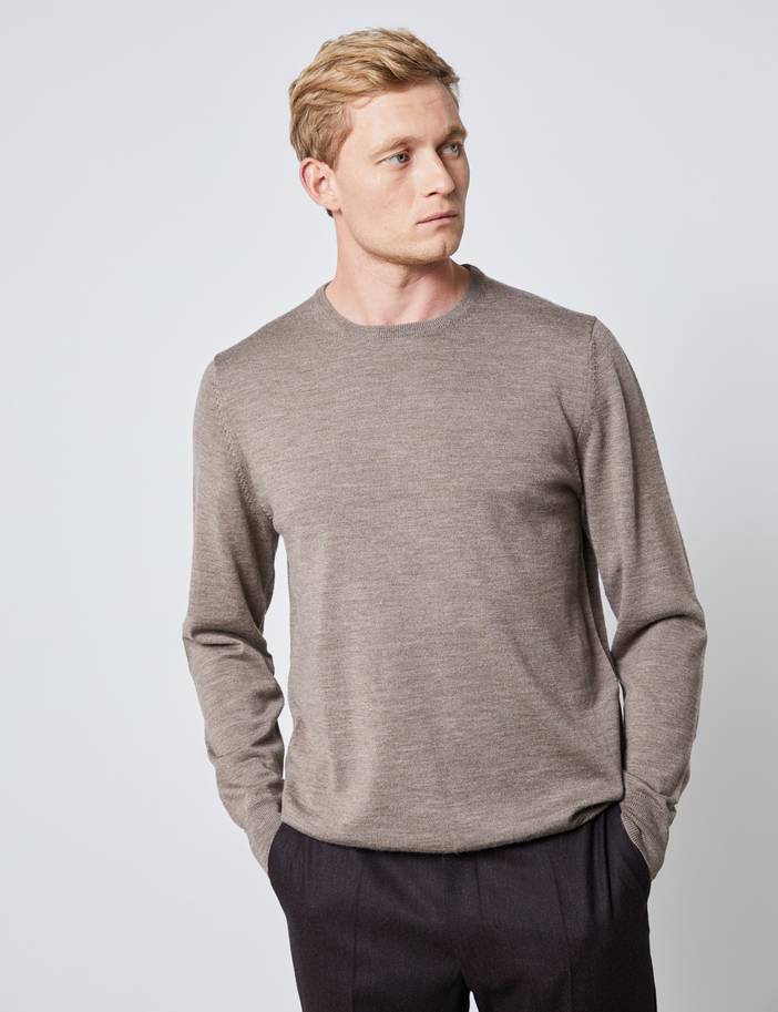 Men's Crew Neck Merino Wool Slim Fit Jumper in Taupe | Hawes& Curtis