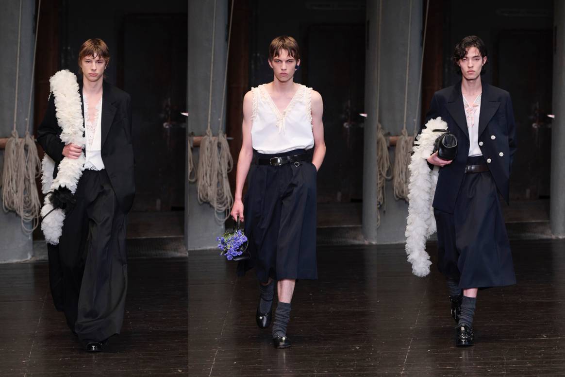 Tussen pak en schort: Simone Rocha bevraagt klassieke mannelijkheid