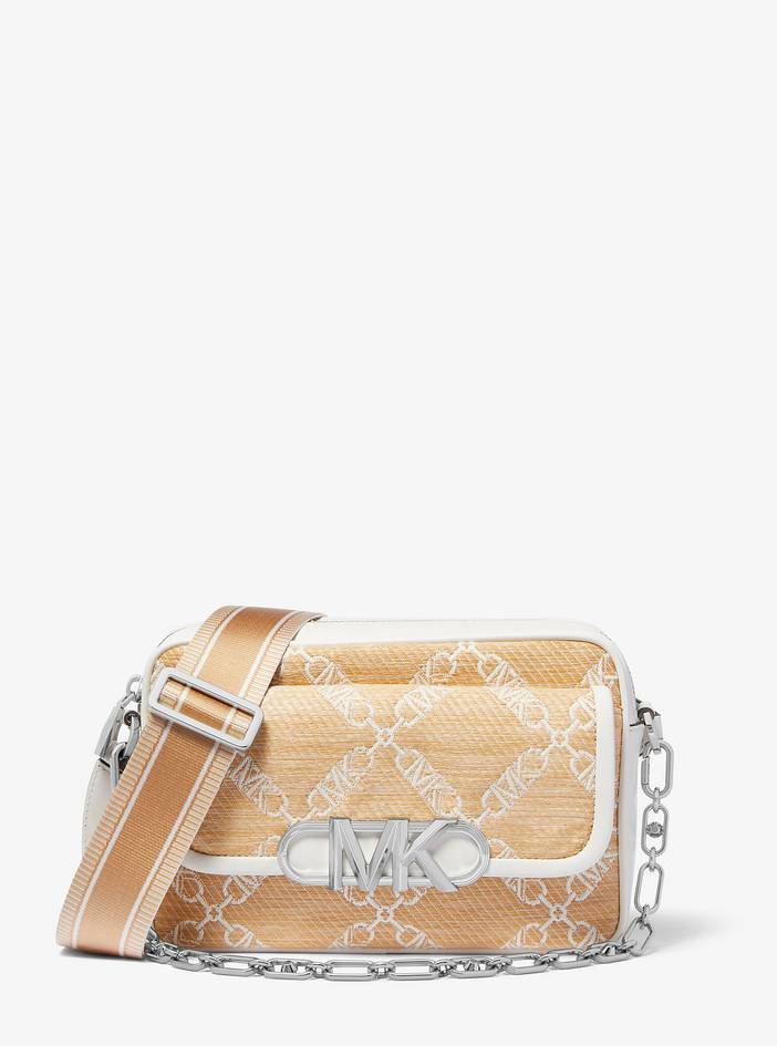 MK Parker Medium Empire Logo Jacquard Straw Crossbody Bag | Michael Kors